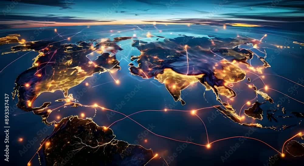 Realistic aerial view of the world map at night highlighting global ...