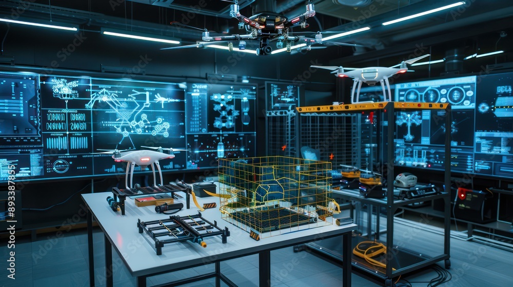 corporate drone development lab with prototypes, testing cages, and ...