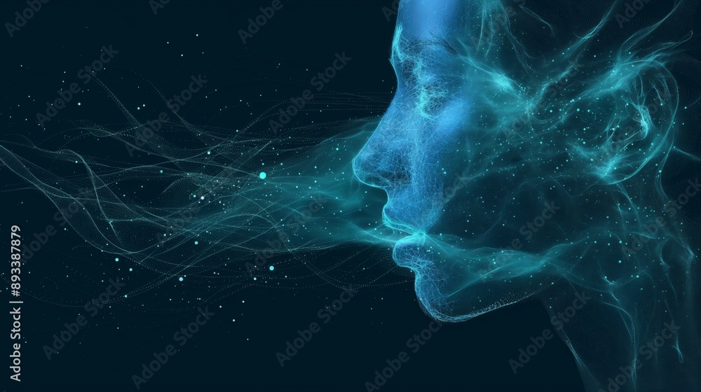 Artificial Intelligence Large Language Model (LLM). Female head with human face matrix digital ...
