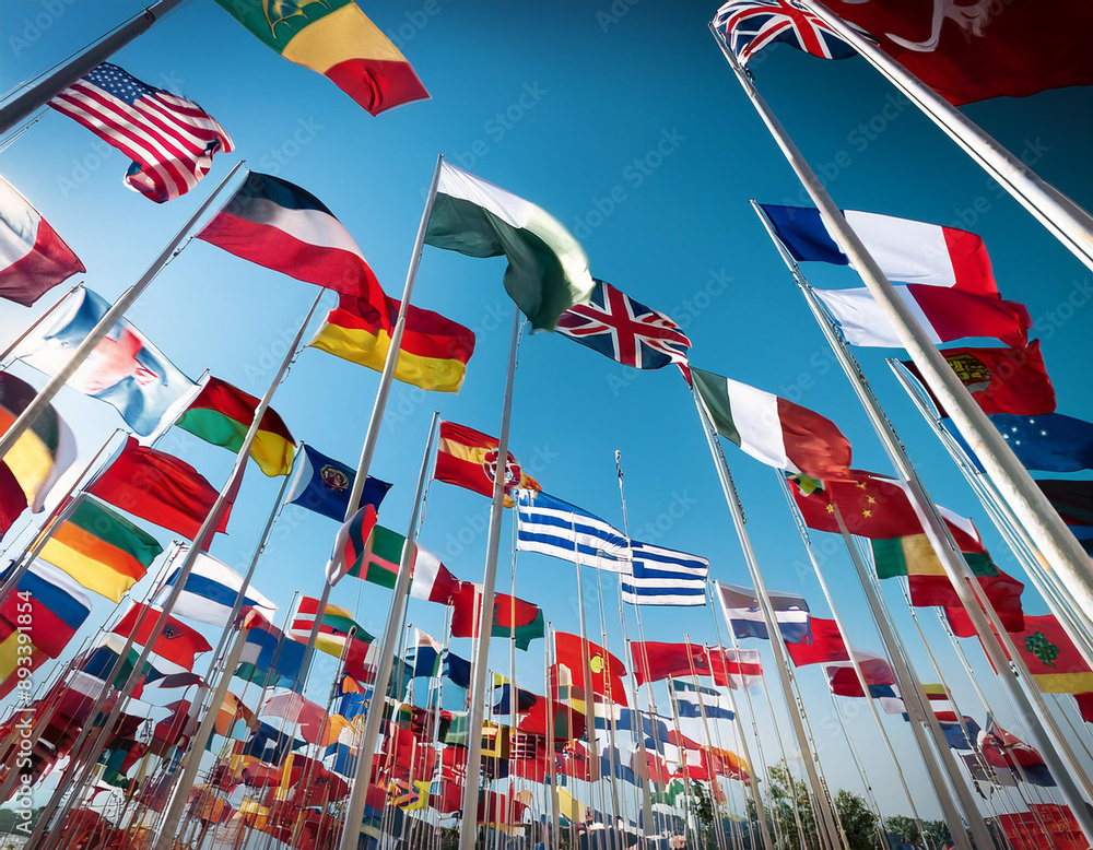 Many flags of different countries fluttering in the wind. The flags of ...