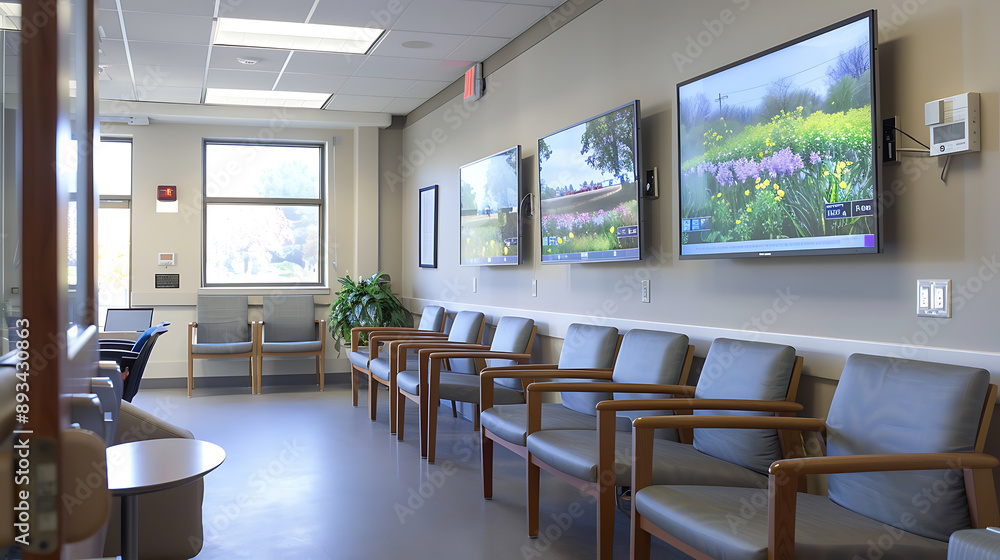 Interior of a hospital waiting room with chairs and TV screens. Stock ...