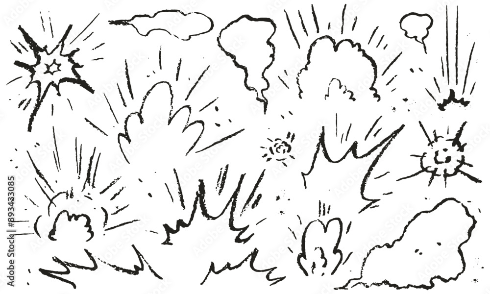 Cartoon charcoal doodle style explosion set. Hand drawn comic boom bang ...