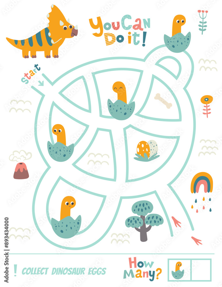 Help dinosaur to collect baby dinosaurus. Labyrinth. Maze game for kids ...