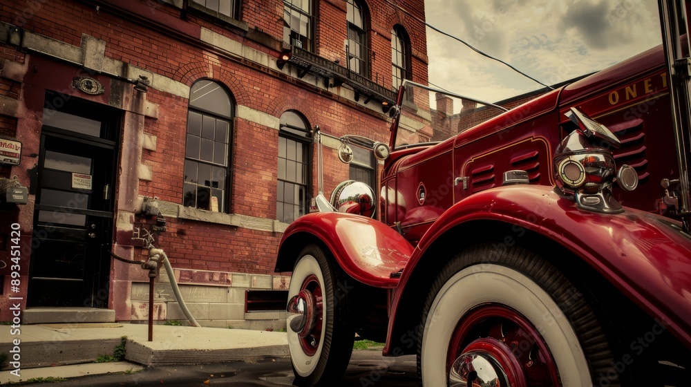 A vintage fire engine parked outside a historic fire station with red ...