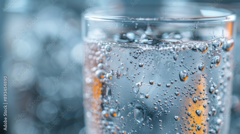 A detailed close-up shot of a glass filled with sparkling water, showcasing the effervescence ...