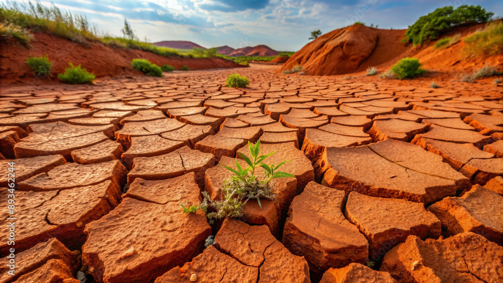 Dry, cracked earth with deep fissures reveals a layered soil structure ...