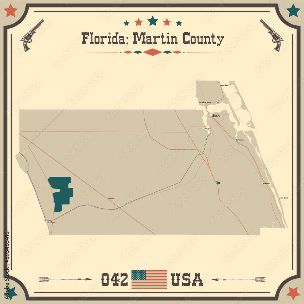 Large and accurate map of Martin County, Florida, USA with vintage ...