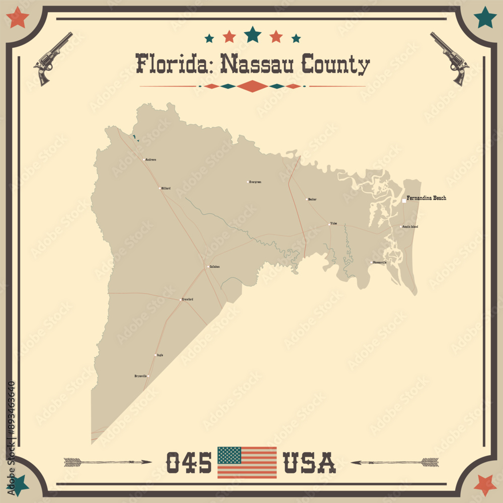 Large and accurate map of Nassau County, Florida, USA with vintage ...