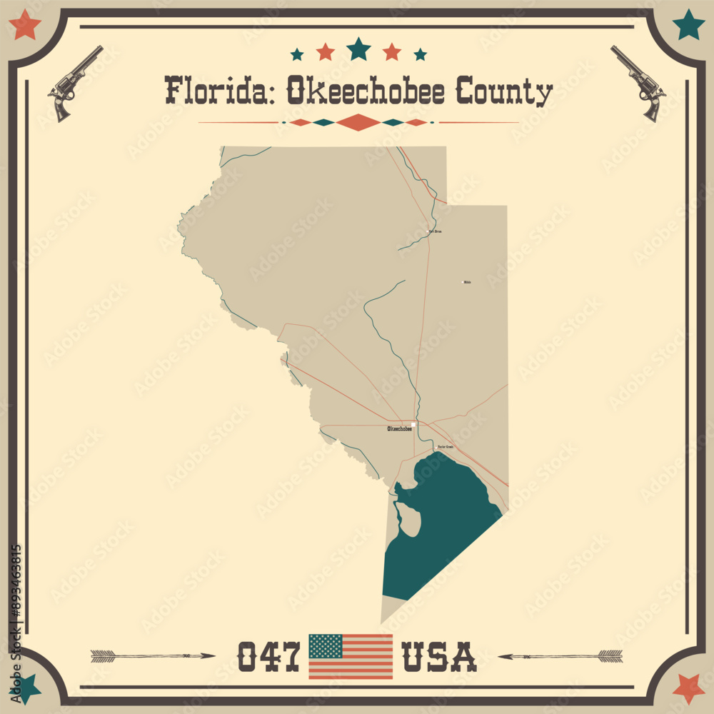 Large and accurate map of Okeechobee County, Florida, USA with vintage ...