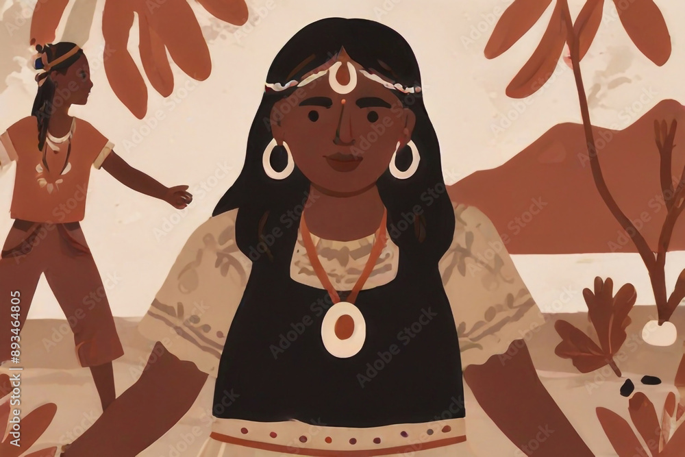 A depiction of Indigenous people in traditional clothing, celebrating ...