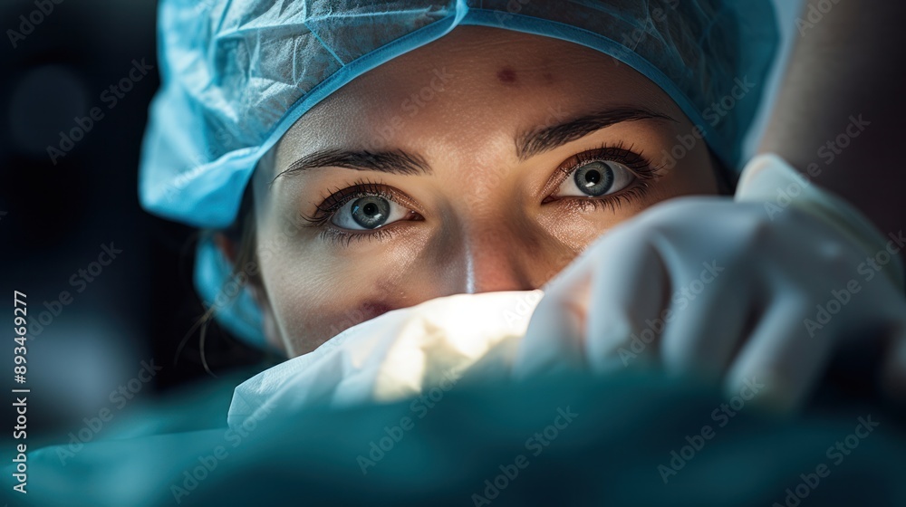 Photograph of a determined doctor's eyes, their brow furrowed in ...