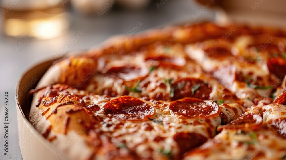 Close-up view of a mouth-watering pepperoni pizza inside a box ...
