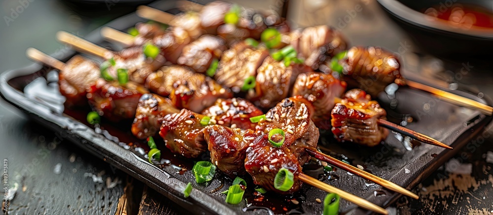 Japanese yakitori featuring skewered raw chicken gizzard on a wooden ...