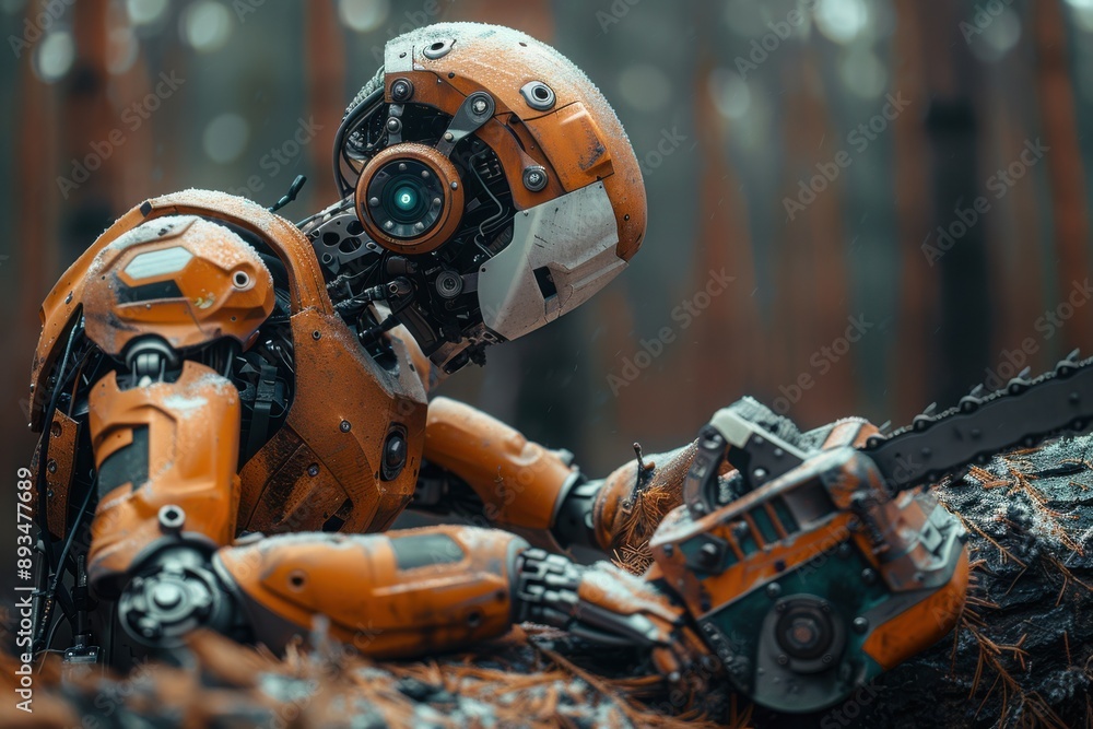 humanoid robot using a chainsaw to cut down a tree in a forest. The robot has an orange and ...