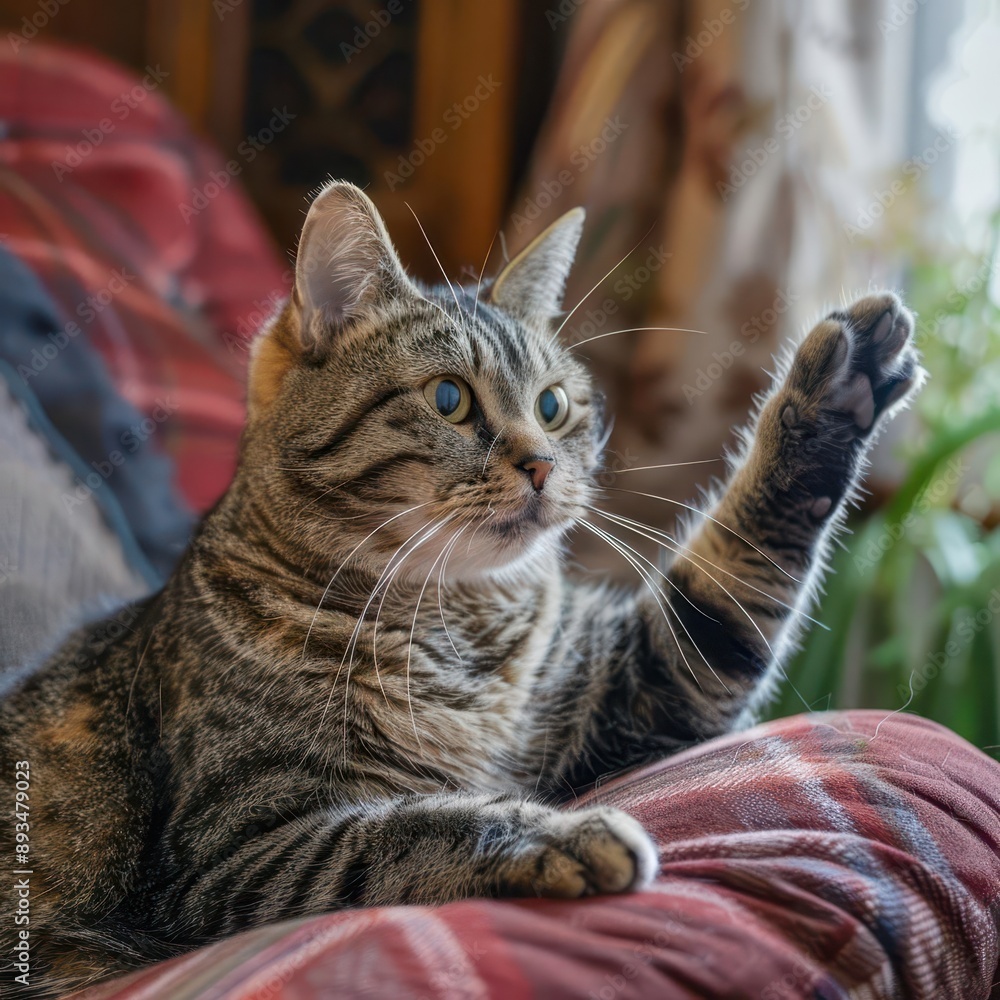 playful tabby cat with extended paw giving a highfive to an unseen ...