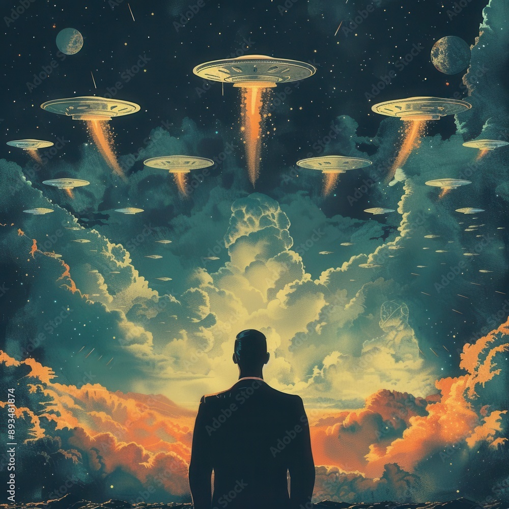 retrostyle illustration of man gazing at ominous ufo invasion dramatic ...