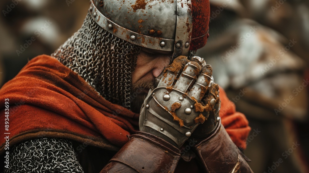 Knight kneeling in prayer before a battle, with a solemn expression ...