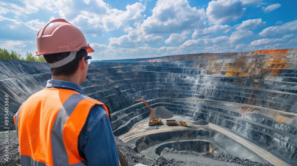 Mining engineer inspecting massive open-pit mine, overseeing the ...