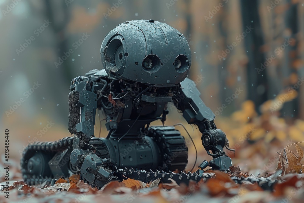 humanoid robot using a chainsaw to cut down a tree. The robot has a ...