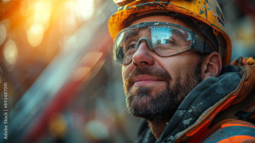 construction worker wearing helmet and safety glasses, smiling ...