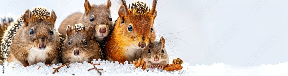 An animal family of five small rodents, hamster, mouse, rat, squirrel ...