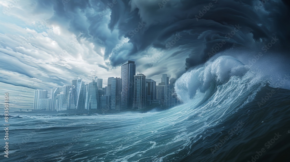 Tsunami waves approaching city skyline Disaster concept Huge tsunami ...