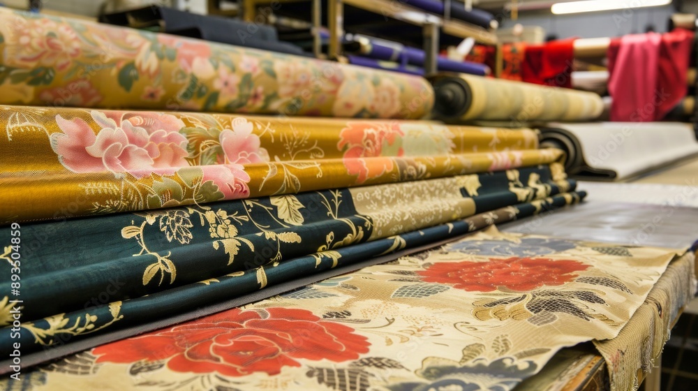 Various rolls of fabric patterned with floral designs neatly stacked in ...