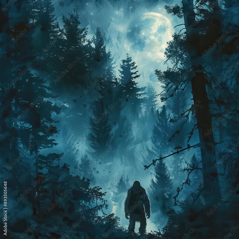 mysterious bigfoot silhouette in misty forest moonlit scene shadowy figure among towering trees ...