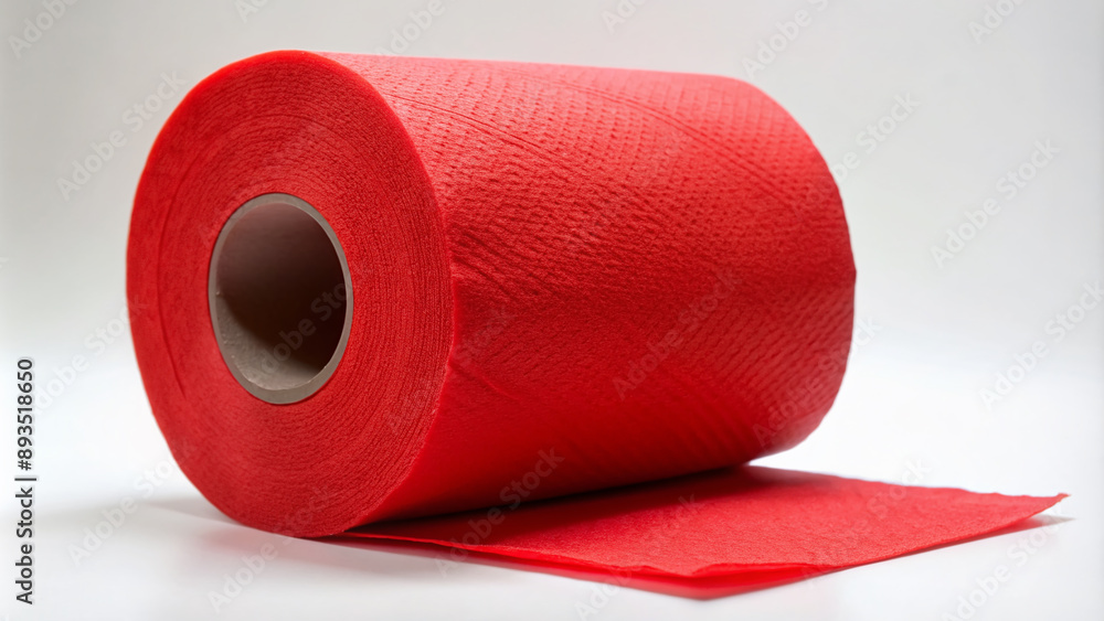 Vibrant red toilet paper wrapped around a cardboard tube on a white ...