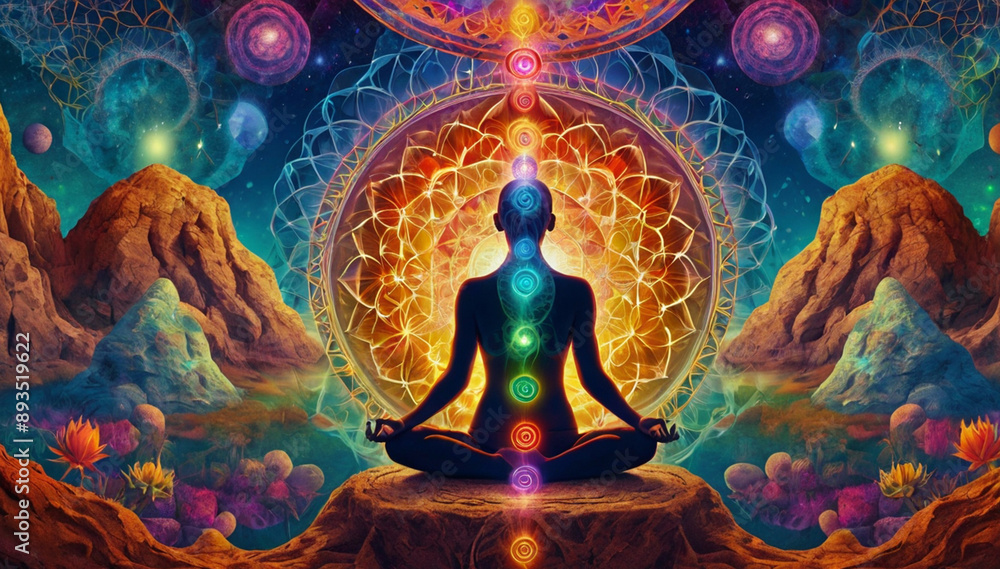 A person meditating in a yoga pose, with seven glowing chakra points on ...