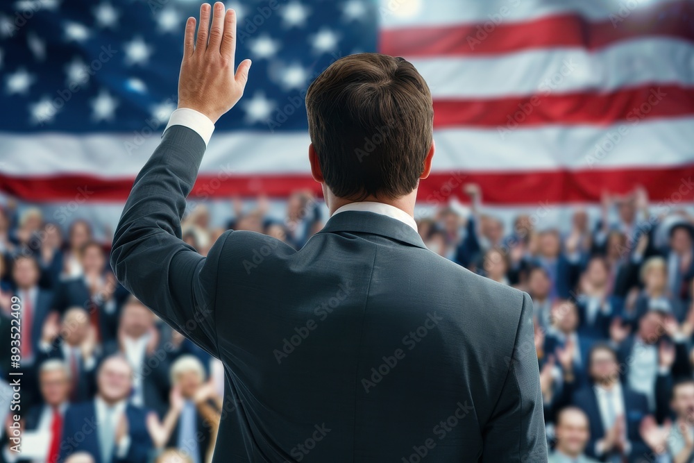 Politician addressing crowd at rally, American flag backdrop, patriotic ...