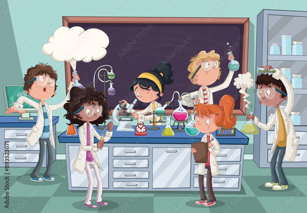 Cartoon students doing research with chemical fluid in the laboratory ...