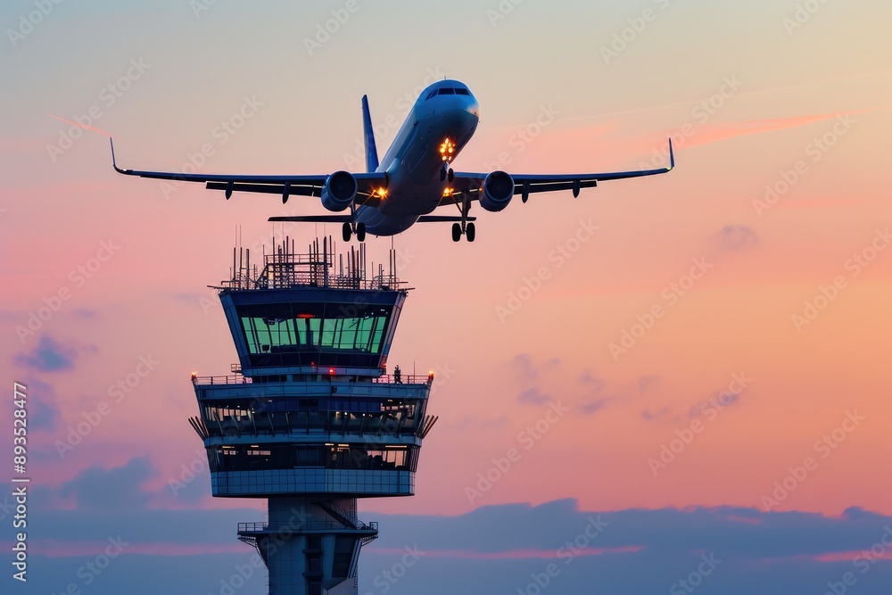 Airliner Passing Over Air Traffic Control Facility Stock Photo | Adobe ...