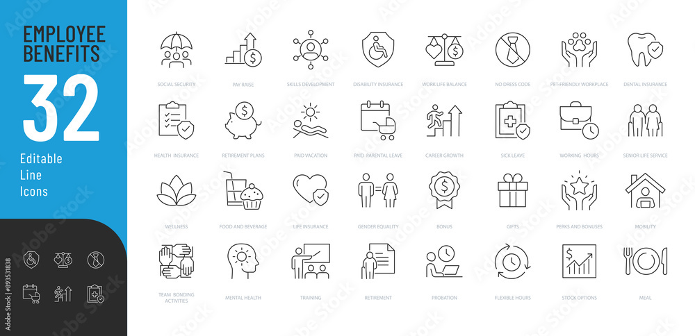 Employee Benefits Line Editable Icons set. Vector illustration in ...