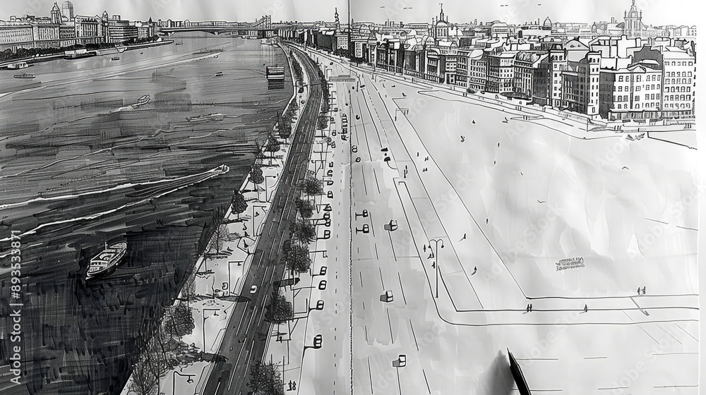 Sketch of lively waterfronts in a port city, hand drawing with black ...