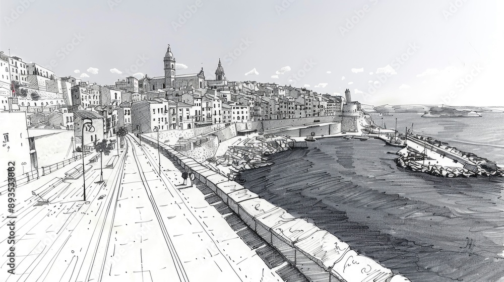 Sketch of lively waterfronts in a port city, hand drawing with black ...