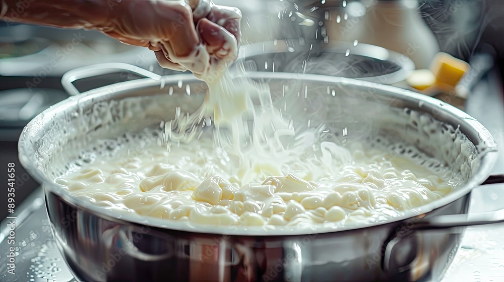 Hand squeezing curds into a pot. This photo shows the process of making ...