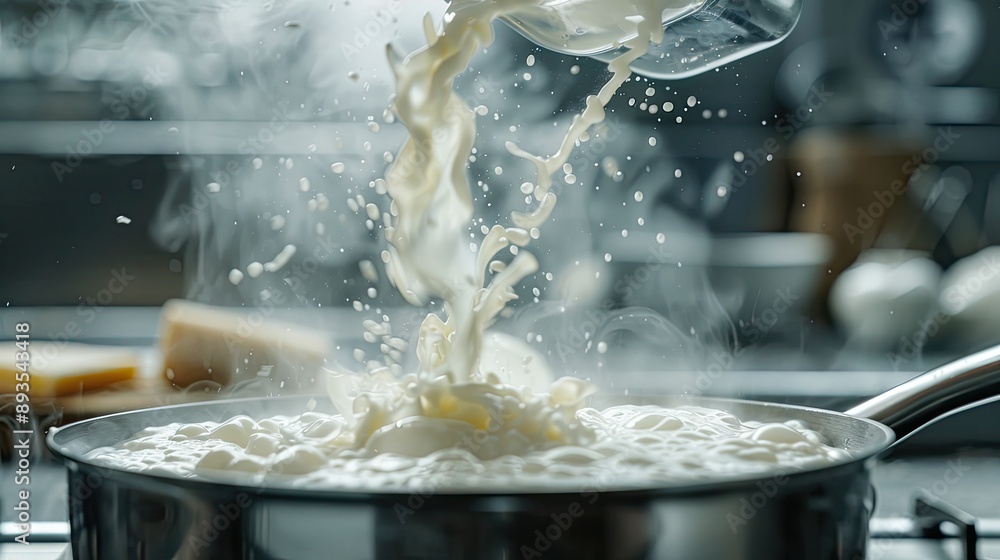 Milk pouring into boiling water. This image shows the process of adding ...