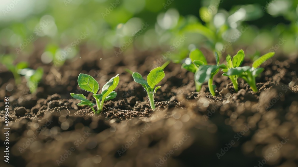 Young green seedlings sprouting from rich soil with a soft focus ...