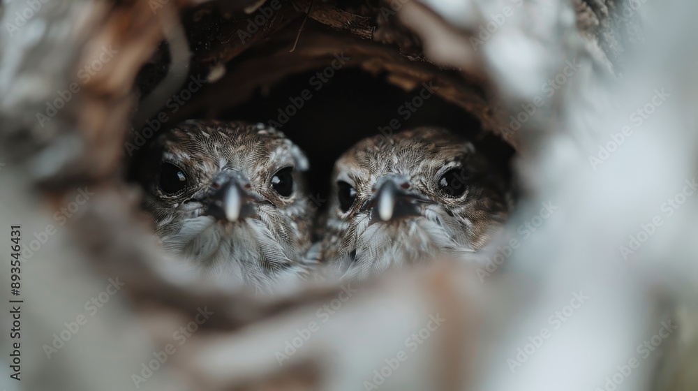 Two birds peeking out of their tree hollow nest, captured in detail to ...