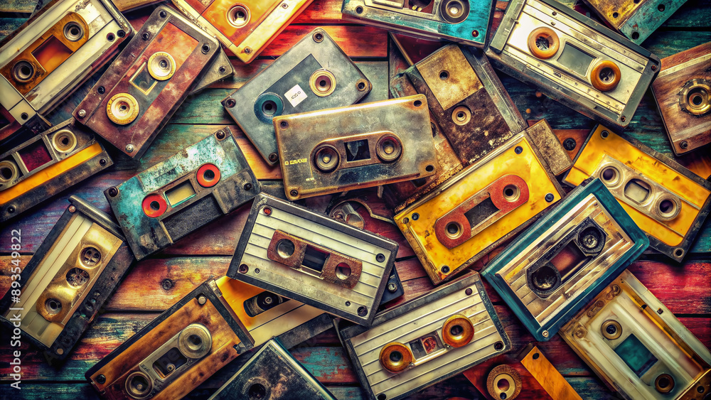 Retro music nostalgia: worn, colorful audio cassette tapes stacked ...