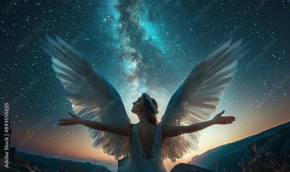 Angel, the messenger of God. Woman spreading her arms under wings with ...