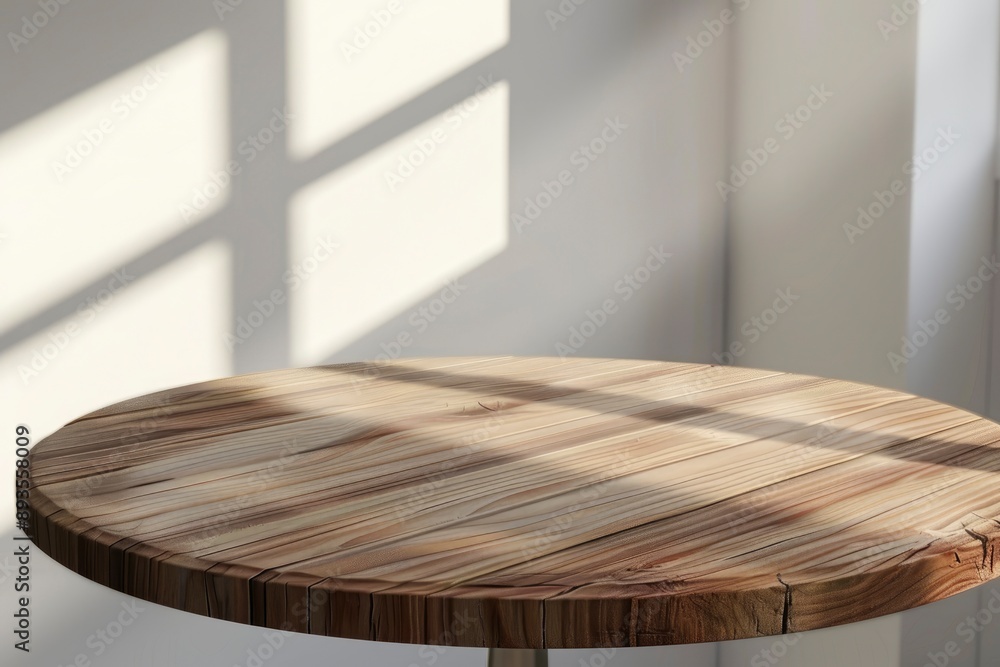 Empty beautiful round wood table top counter on interior in clean and ...