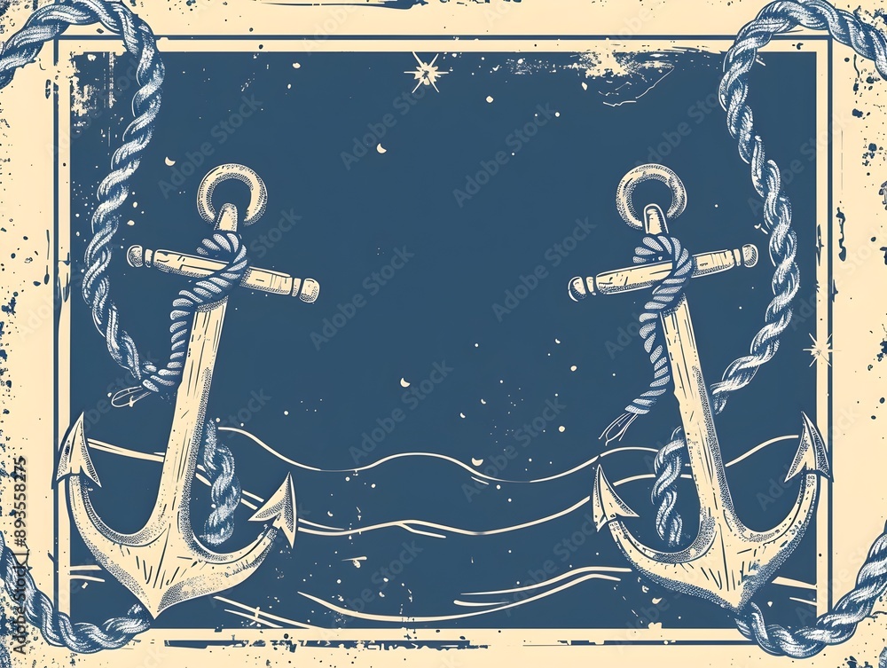 Vintage Nautical Frame with Anchors and Ropes in Blue Tones for Sea ...