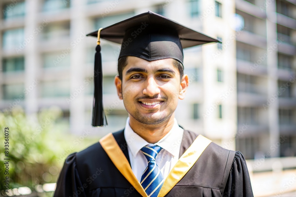Indian student wearing graduation cap and gown Stock Photo | Adobe Stock