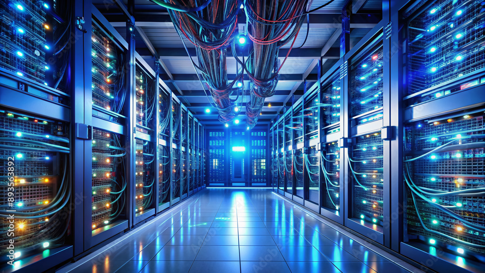 High-tech data center with rows of humming servers, flashing lights, and tangled cables ...