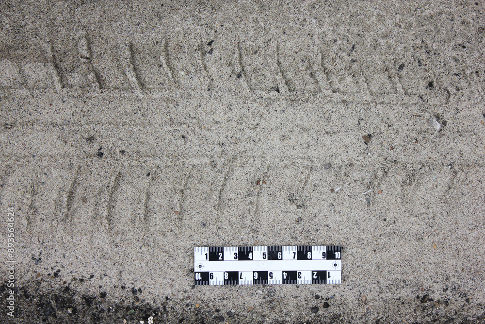 vehicle trace with a scale ruler on the ground, forensic trace ...