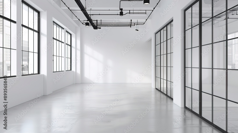 White room. white vacant building floor with black window frames and ...