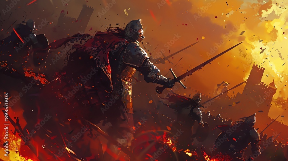 Epic medieval battlefield scene with knights in armor and swords clashing amidst flames and ...