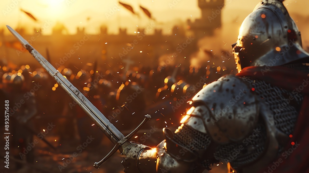Knight in shining armor with a sword facing an epic battle at sunset ...